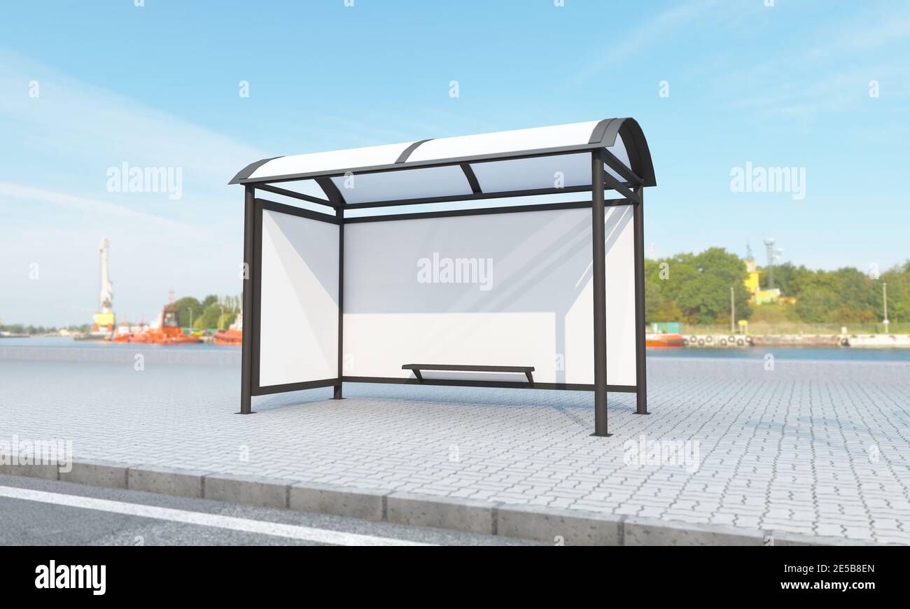 3d render of an empty bus station with buildings in the background ...