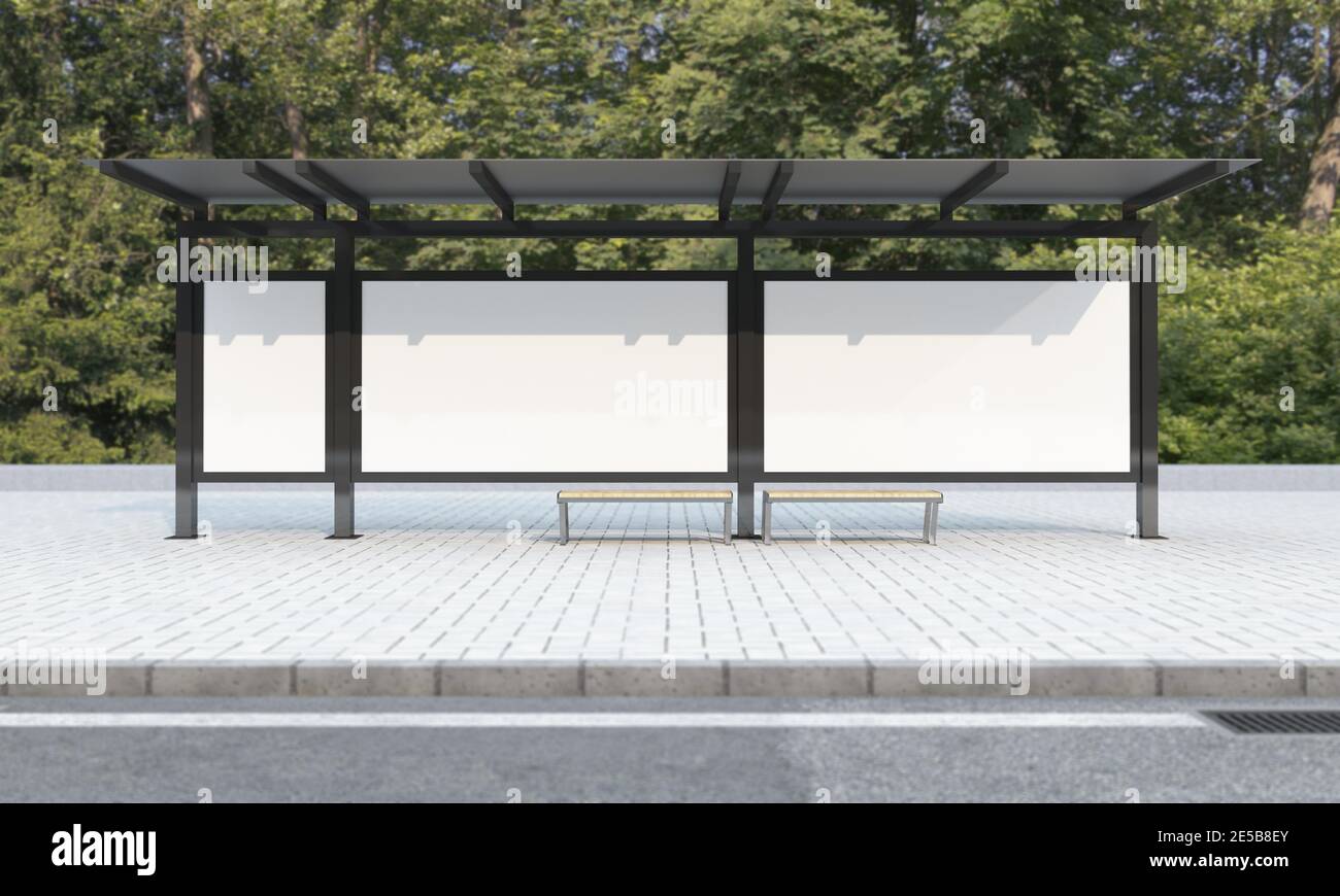 3d render of an empty bus station on the pavement with trees in the ...