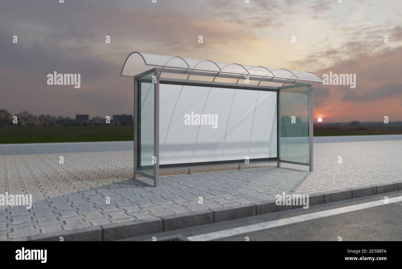 3d render of an empty bus station on the pavement with a city in the ...