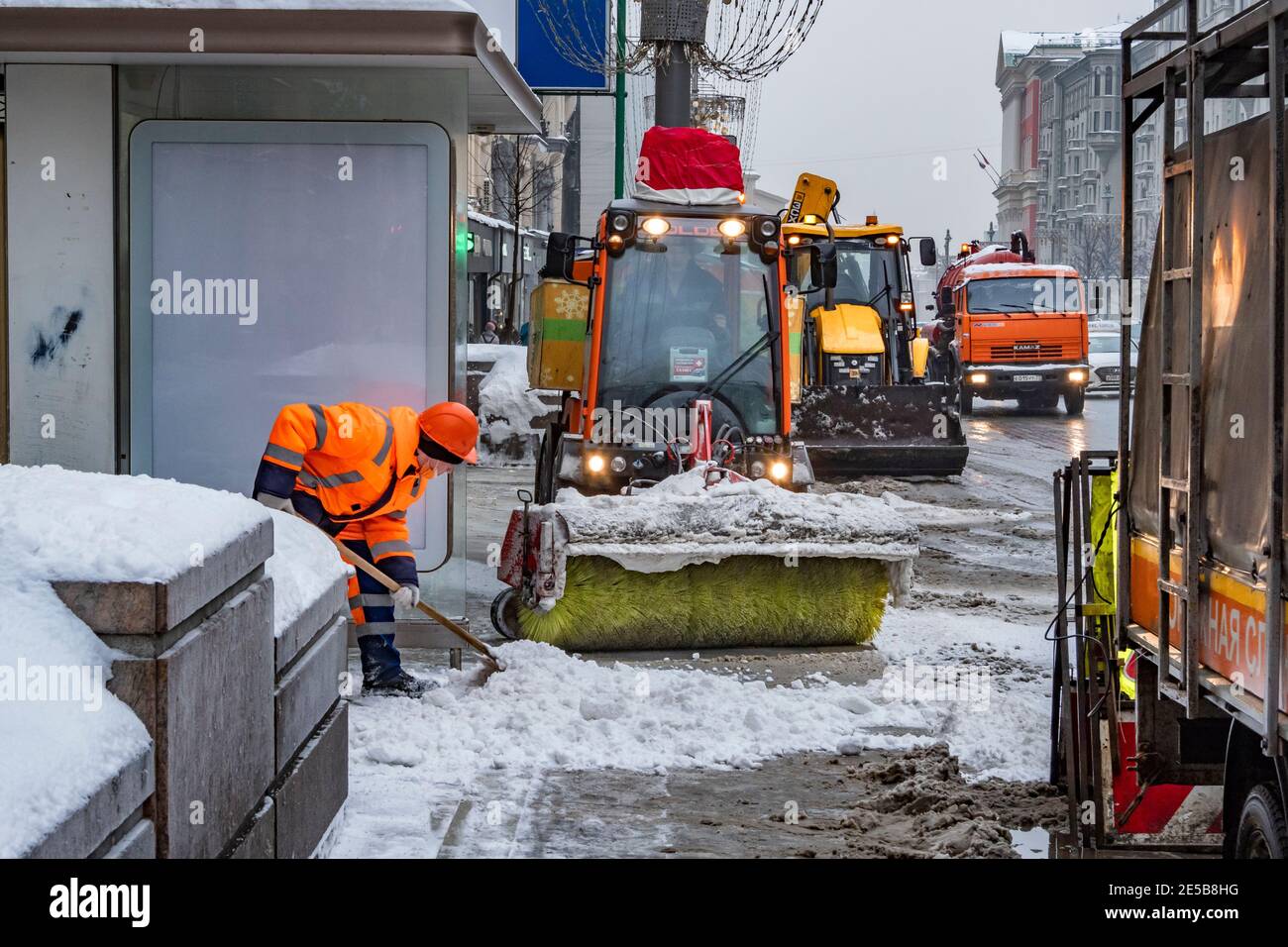 Russia, Moscow. Snow clearing equipment operating in central Moscow ...