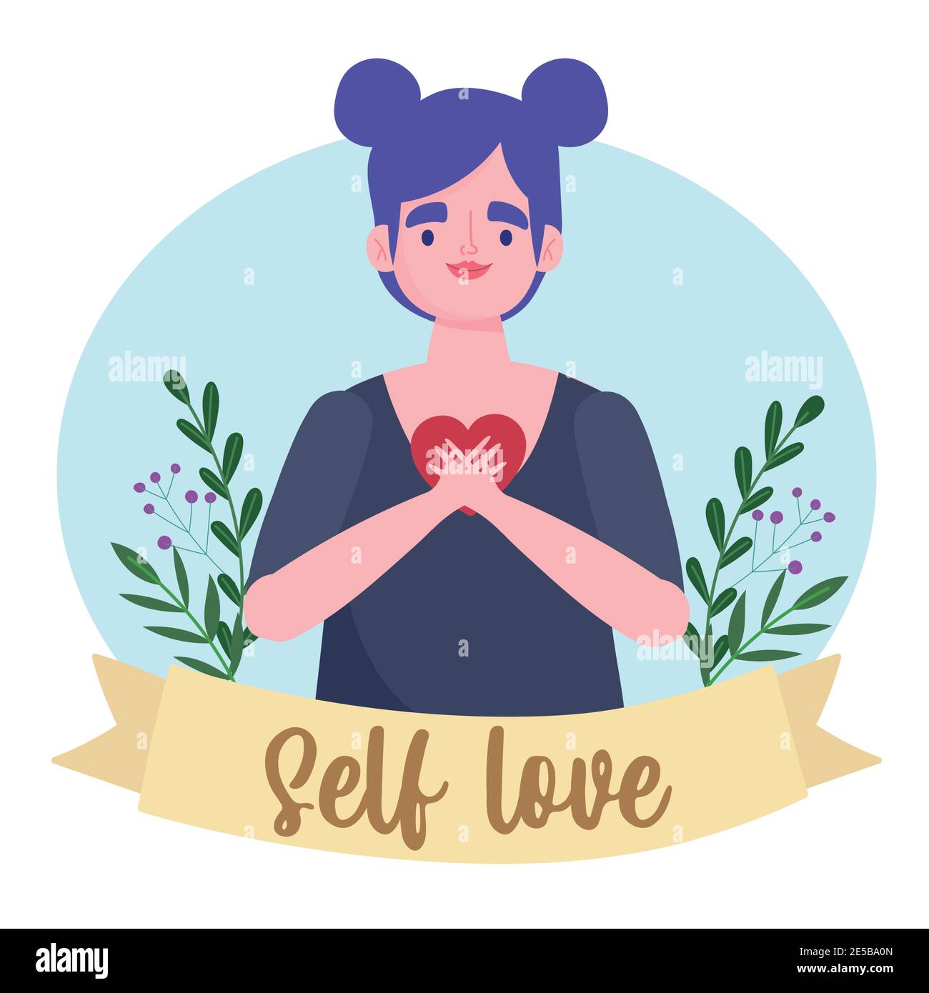 Cartoon Character Woman With Heart Self Love Vector Illustration Stock