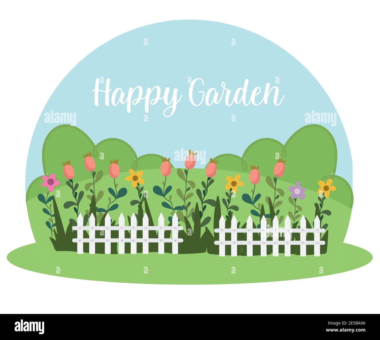 Gardening white fence flowers grass bushes, happy garden vector ...