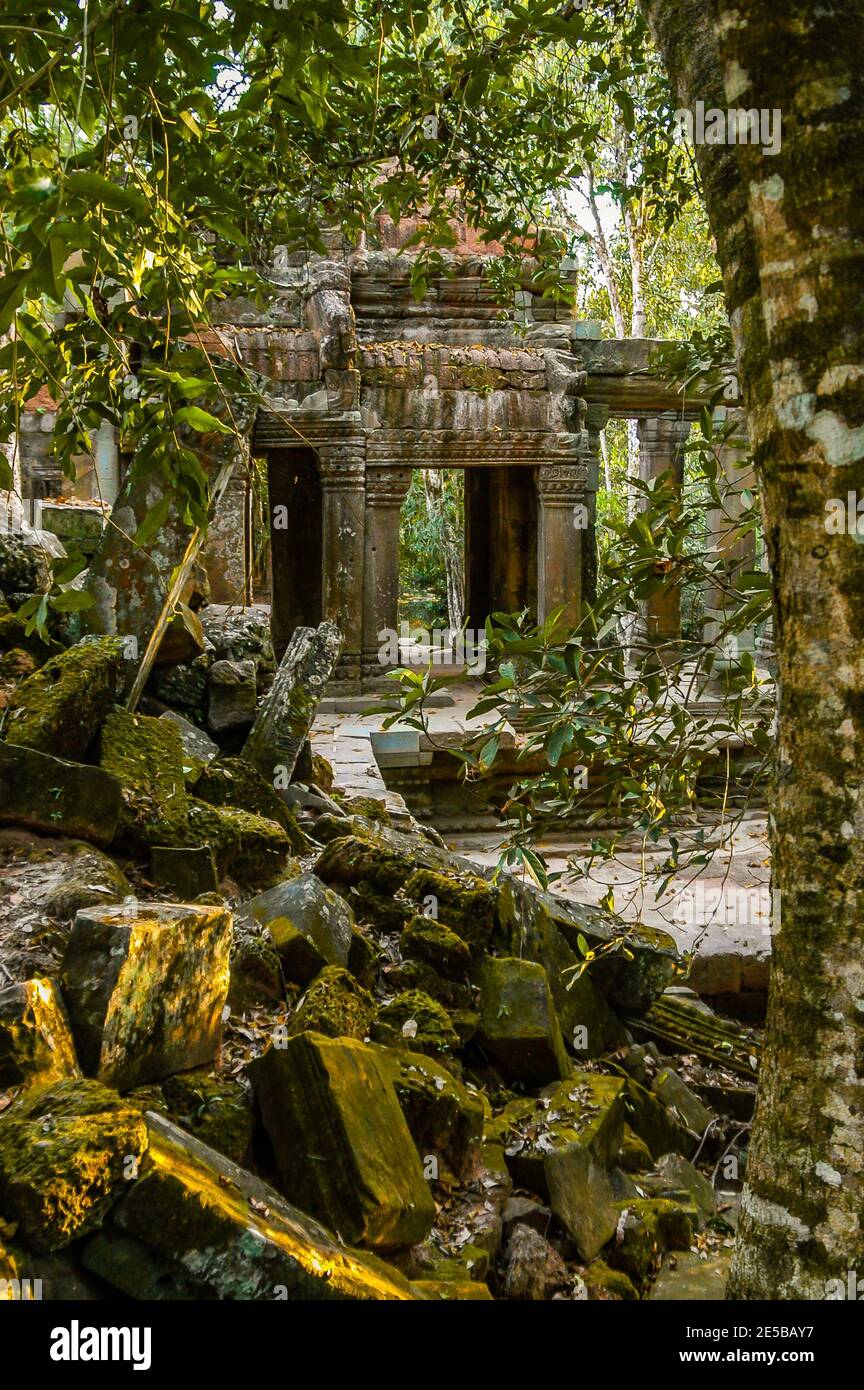 Part of the collapsed temple ruins at Ta Promh in Cambodia Stock Photo ...