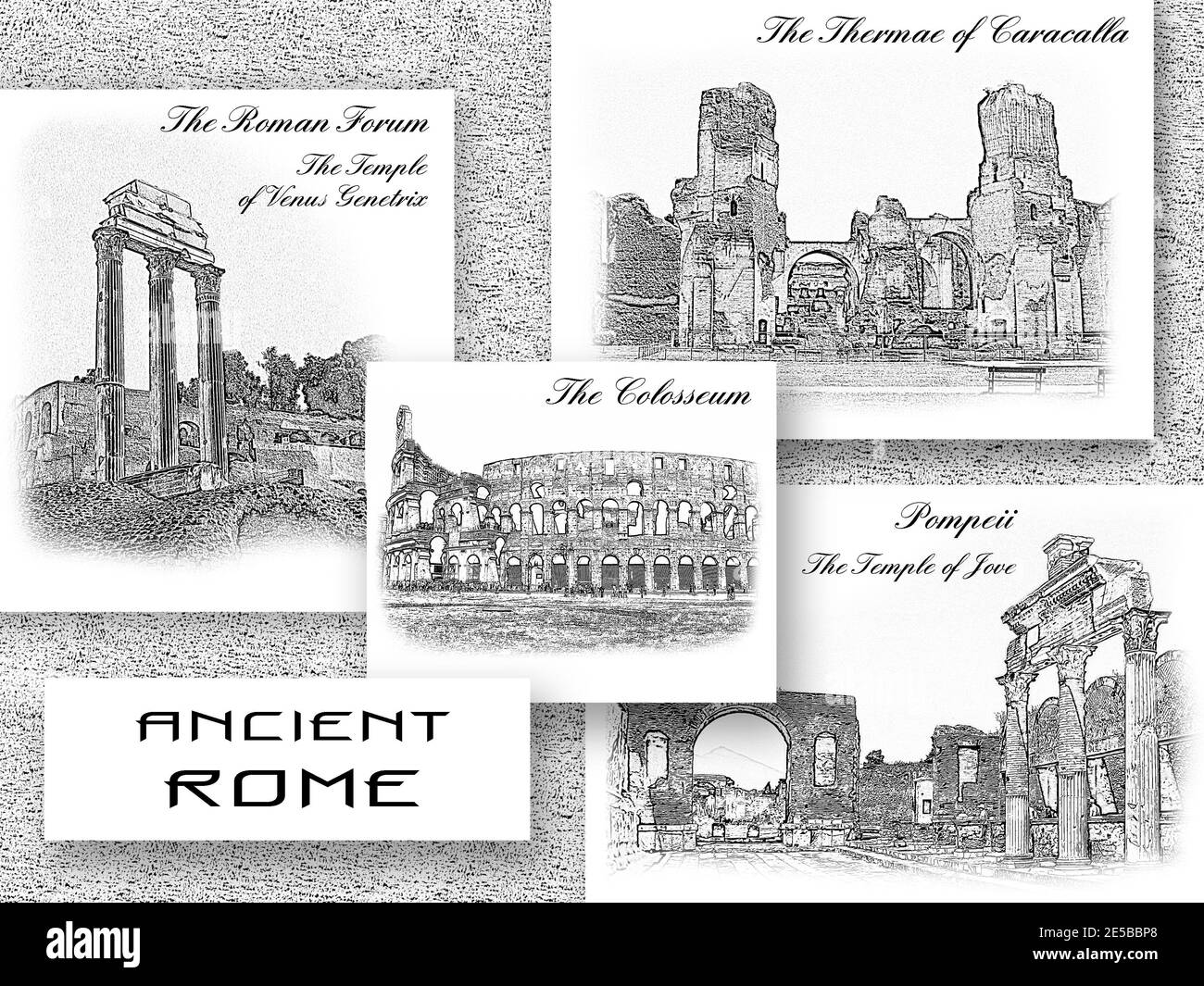 Antique landmarks of Italy. The Roman Forum, the Colosseum, the Thermae ...