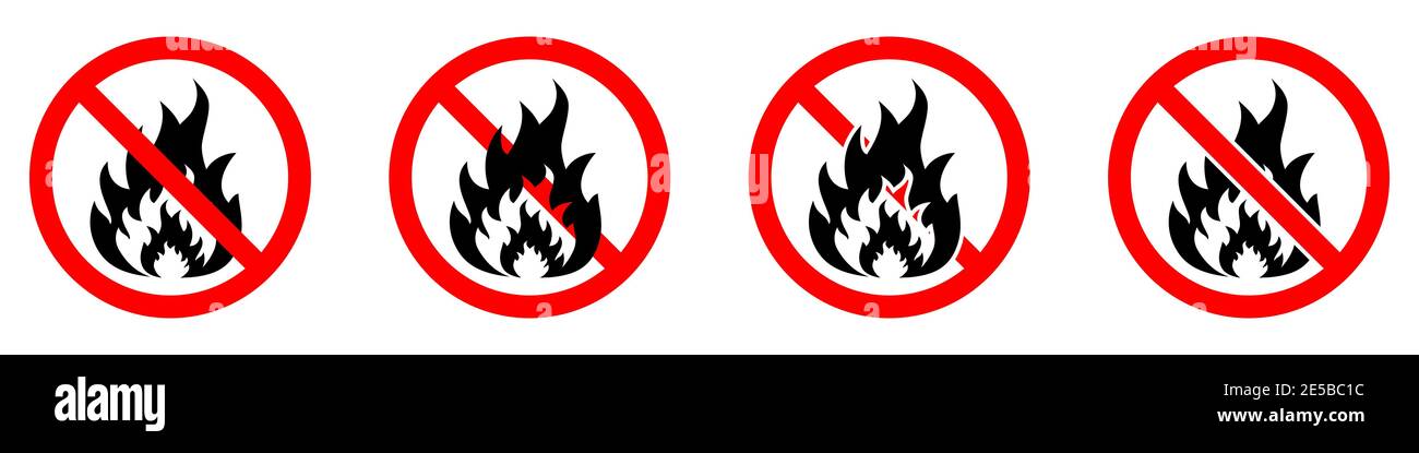 Stop bonfire icons. No fire icons set. Red ban of flame signs. Vector ...