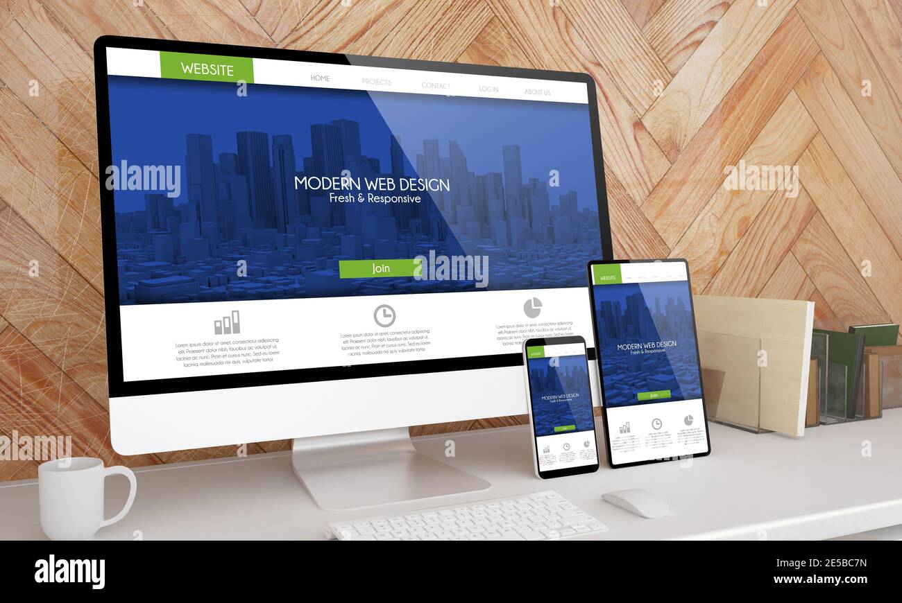 Responsive devices on a desktop showing website design 3d rendering ...