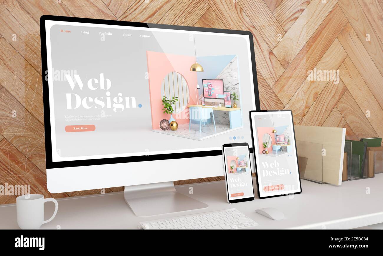 Responsive devices on a desktop showing website design 3d rendering Stock Photo - Alamy