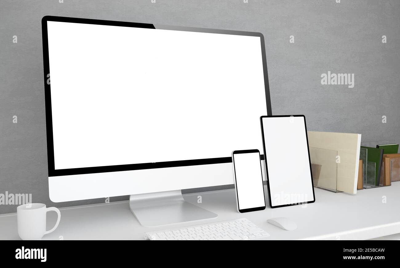 Responsive devices at office desktop 3d rendering Stock Photo - Alamy