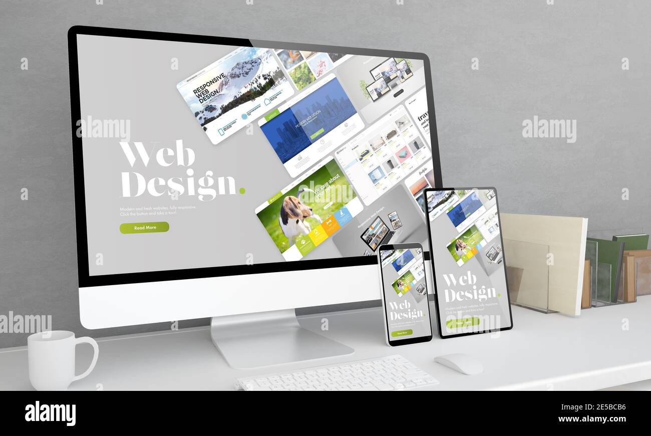 Responsive devices at office desktop 3d rendering with web design Stock ...