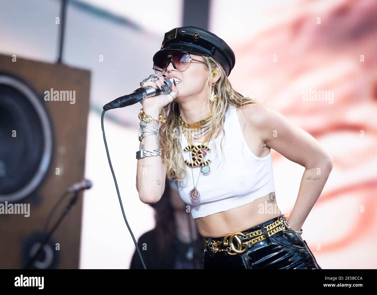 Miley Cyrus performs live on the Pyramid Stage at Worthy Farm, Pilton ...