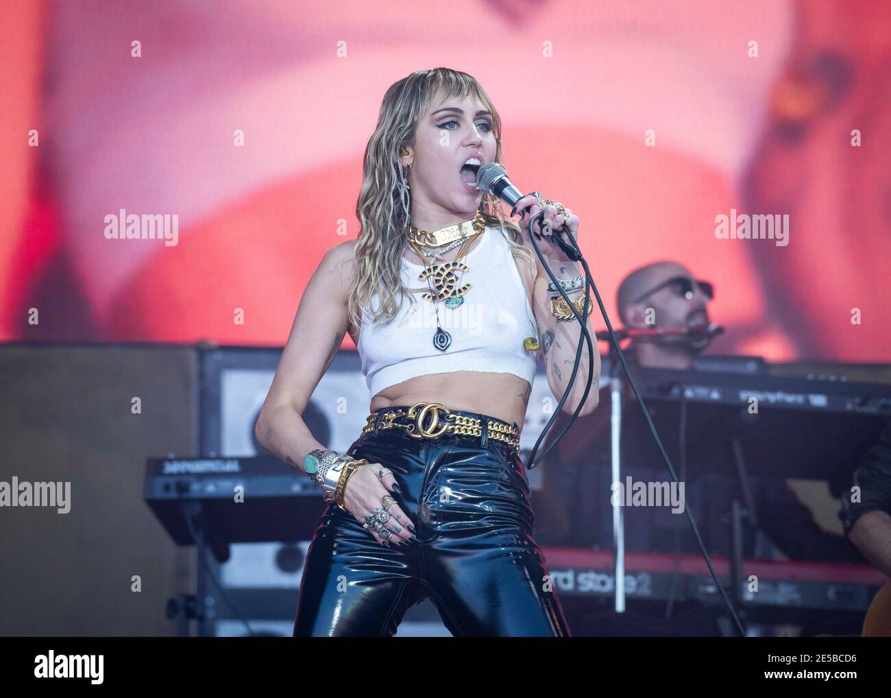 Miley Cyrus performs live on the Pyramid Stage at Worthy Farm, Pilton ...