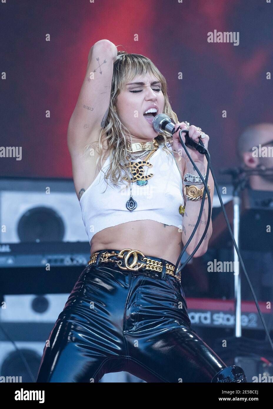 Miley Cyrus performs live on the Pyramid Stage at Worthy Farm, Pilton ...