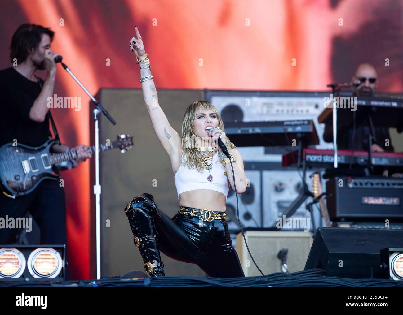 Miley Cyrus performs live on the Pyramid Stage at Worthy Farm, Pilton ...
