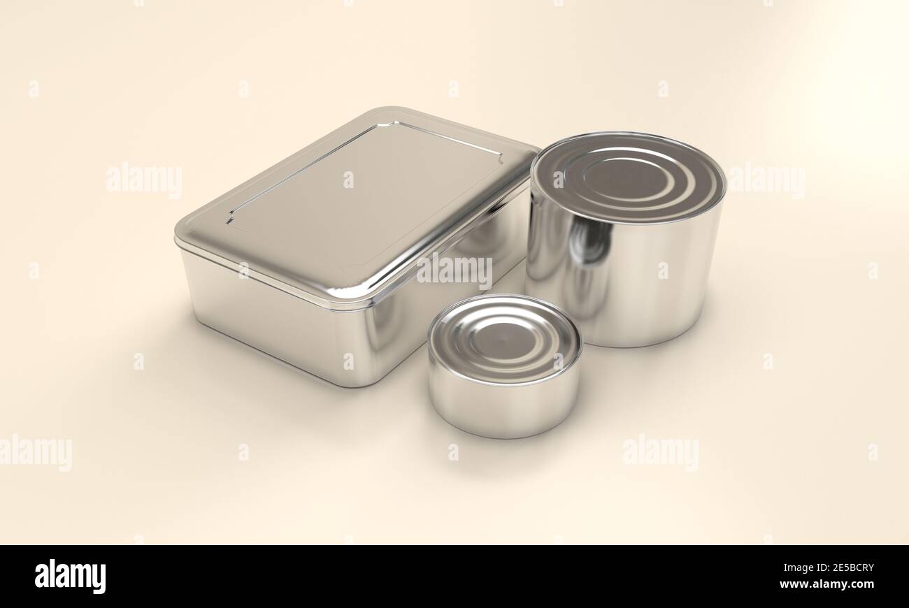 3d render of metal cans and containers on a white background Stock ...