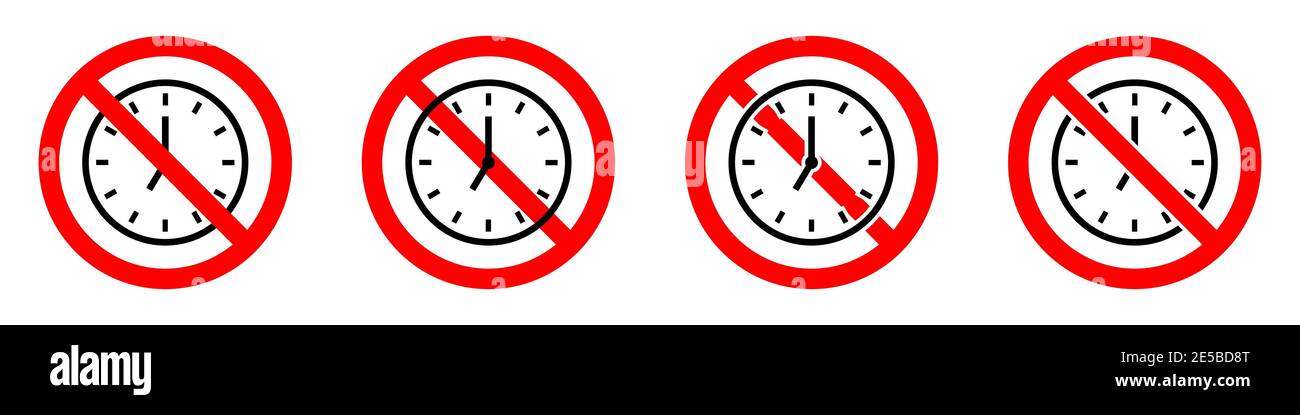 Clock is prohibited. Stop or ban red round sign with clock icon. Vector ...