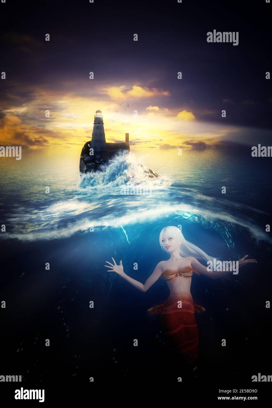 Ancient lighthouse and underwater scene with mermaid at sunset, digital ...