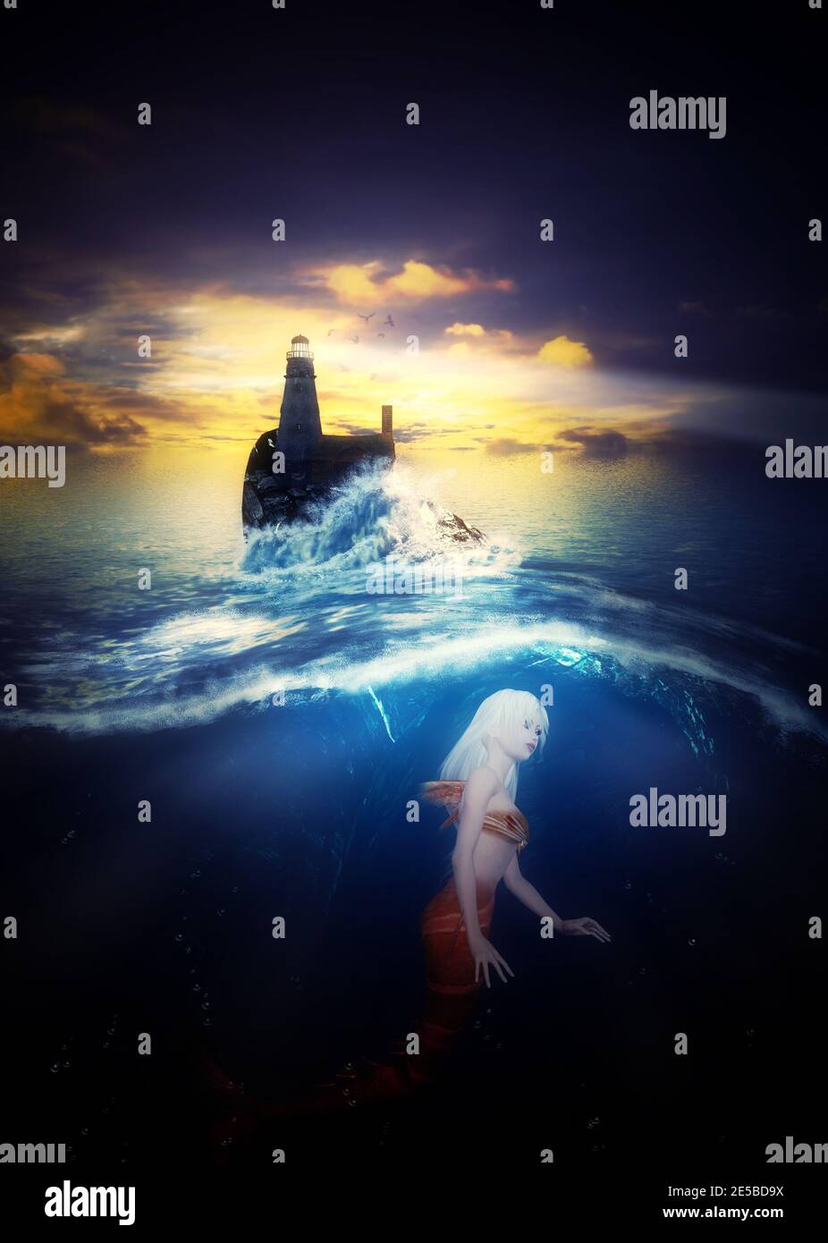Ancient lighthouse and underwater scene with mermaid at sunset, digital ...