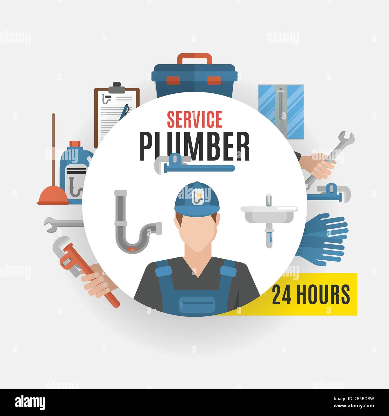 Plumber service design concept set of tools for repairing pipeline and cleaning clogged sink ...