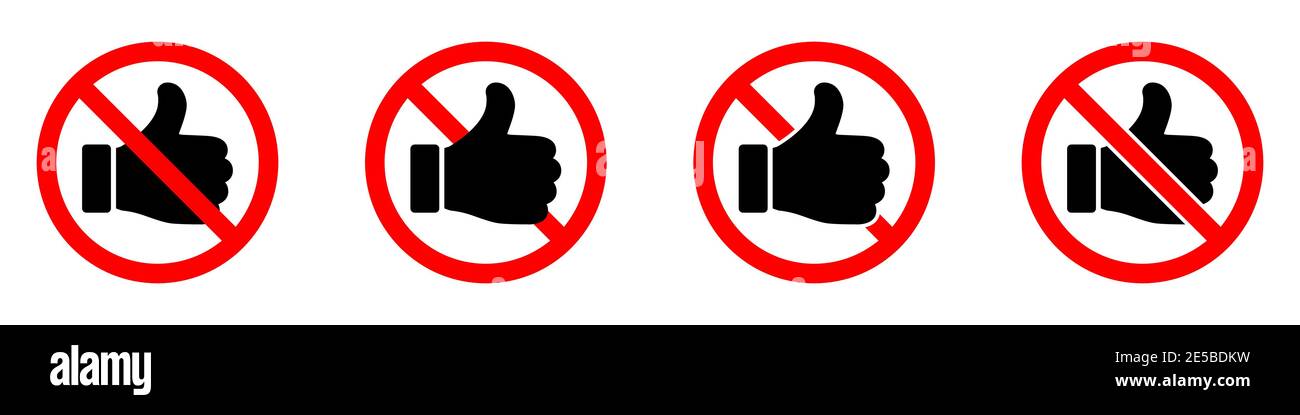 Thumb up is forbidden. Thumb up with ban icon. Liked icons set. Stop or ...