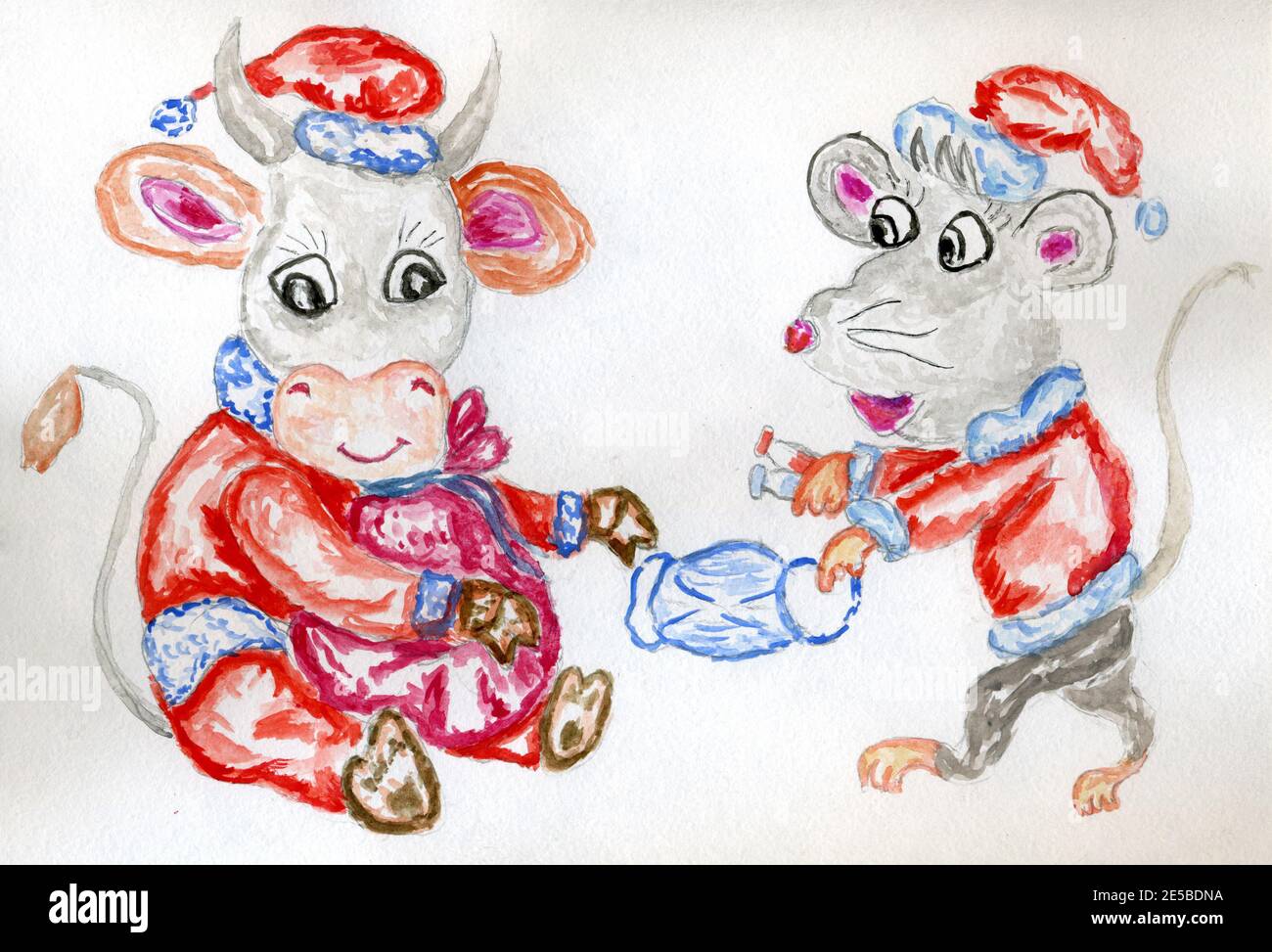 Cartoon ox and rat with a disposable mask hand drawn Stock Photo - Alamy