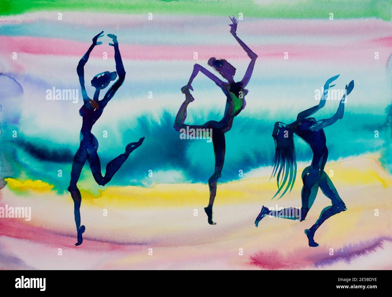 three women silhouette dance colorful watercolor illustration Stock ...