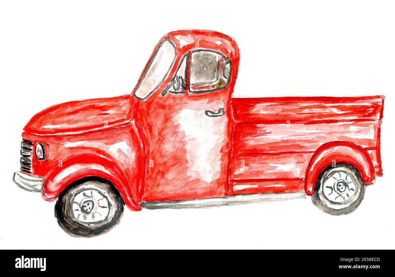 Retro red pickup truck hand drawn illustration Stock Photo - Alamy