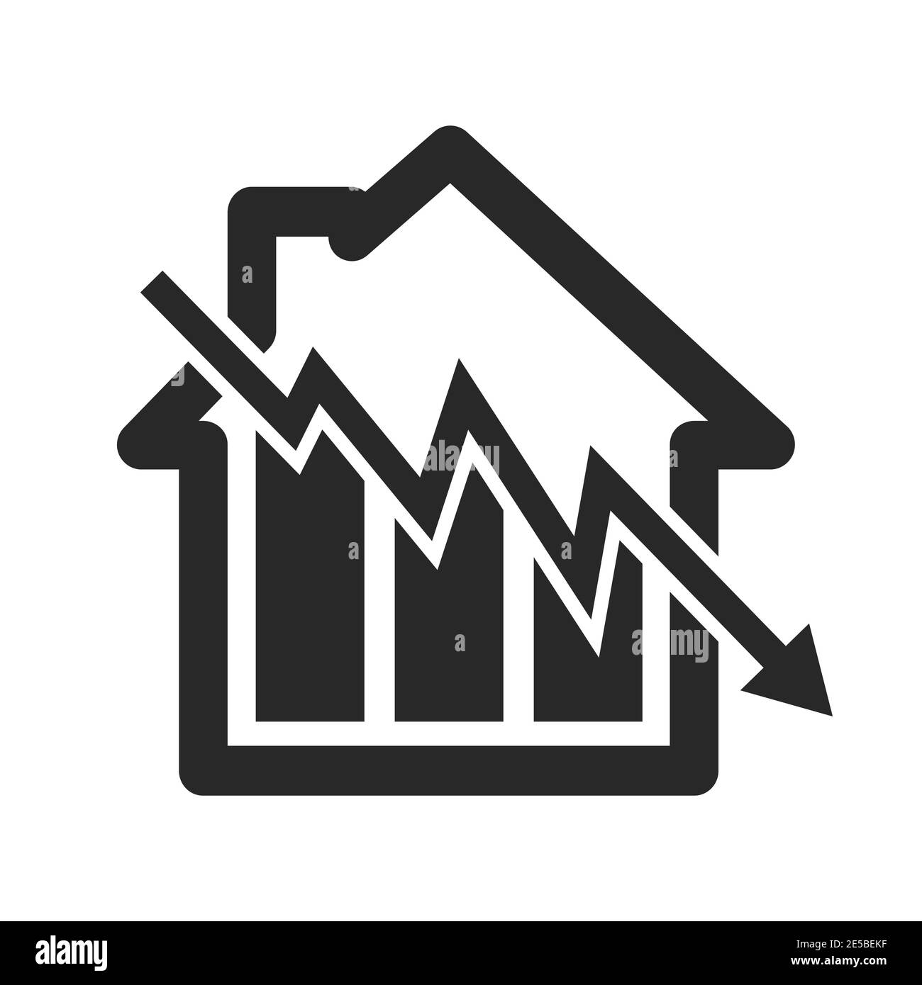 Down arrow house icon. House icon with graph. Vector illustration ...