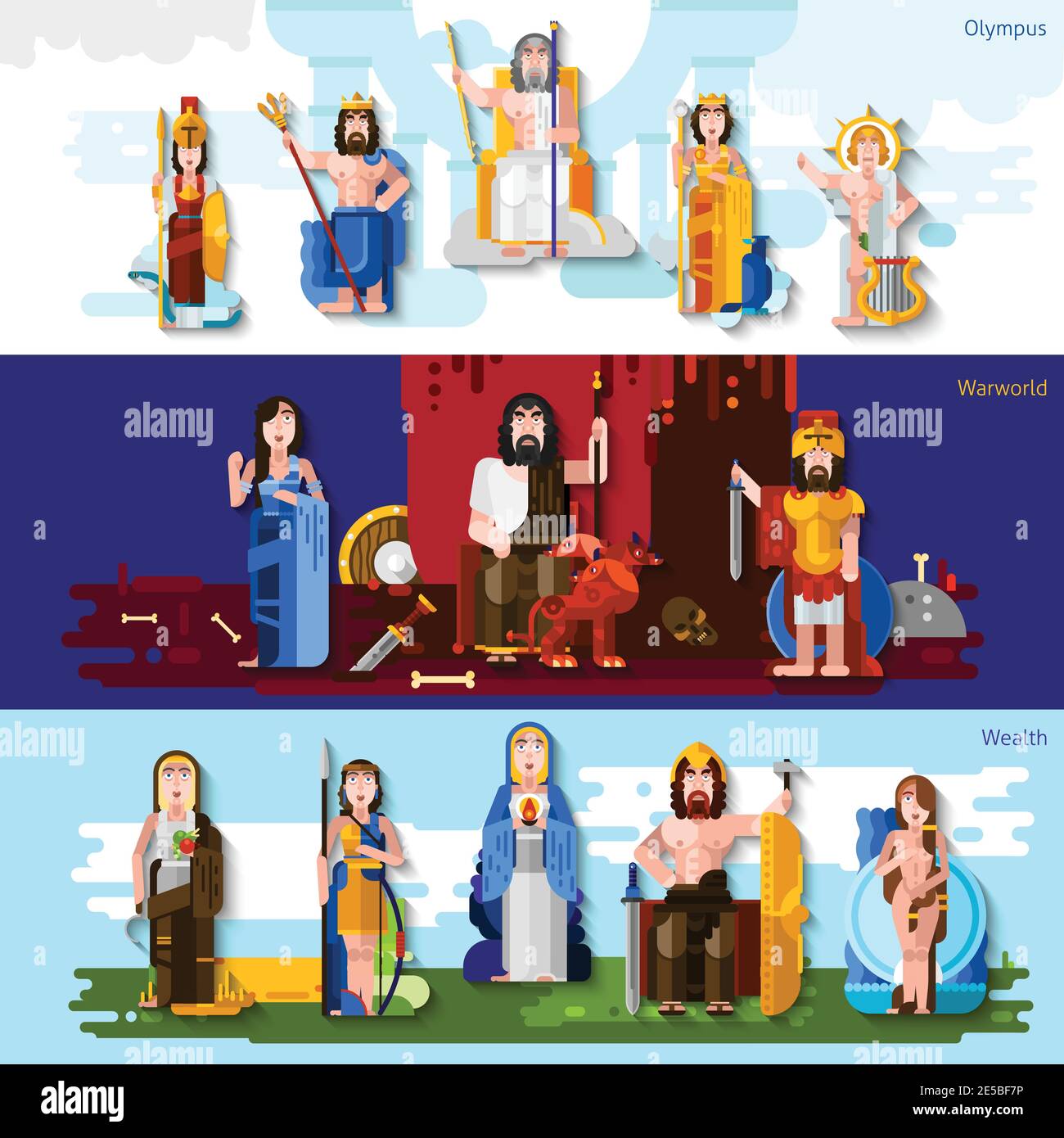 Three horizontal banners with cartoon figurines of mythological olympic gods symbolizing the ...