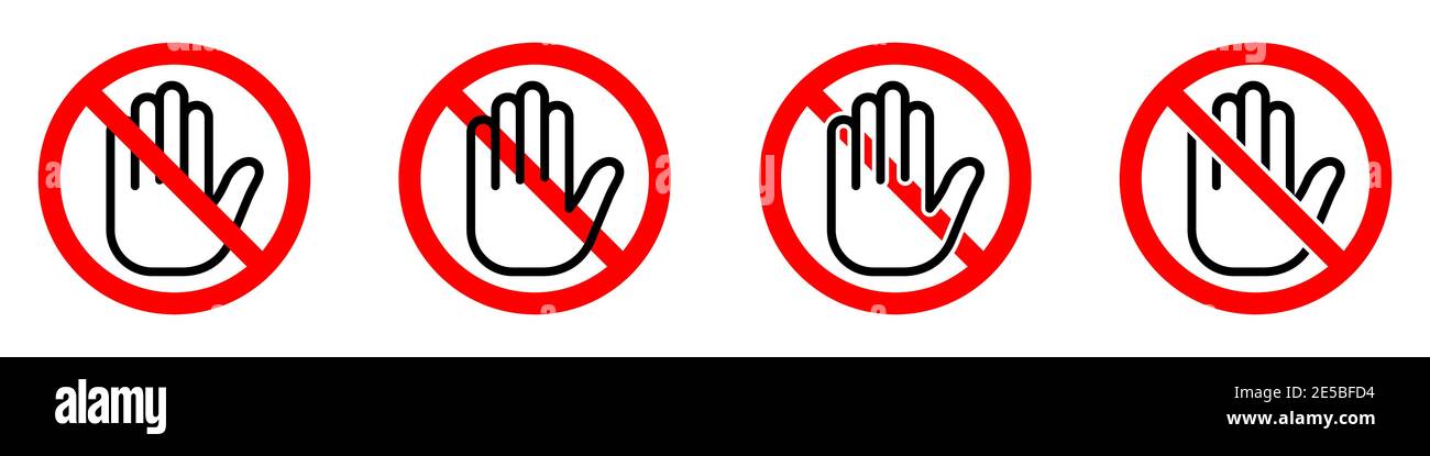 Stop or ban red round sign with hand icon. Vector illustration ...