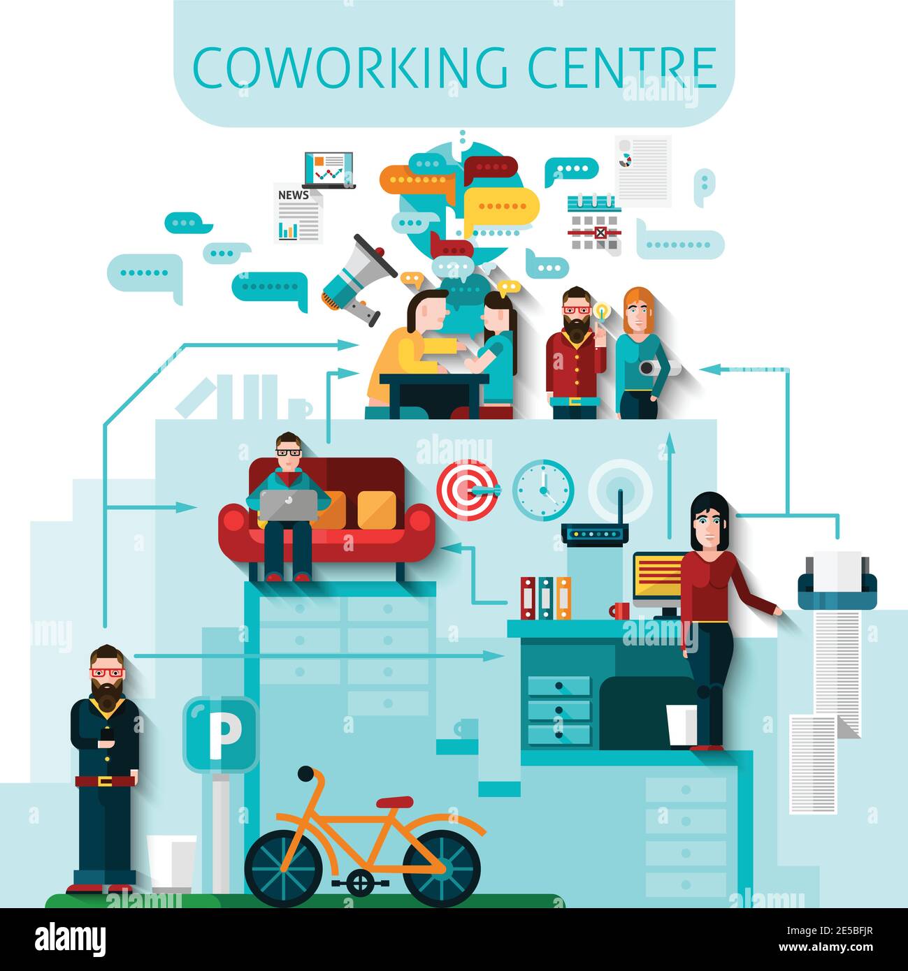 Coworking centre composition with communication and transport symbols ...
