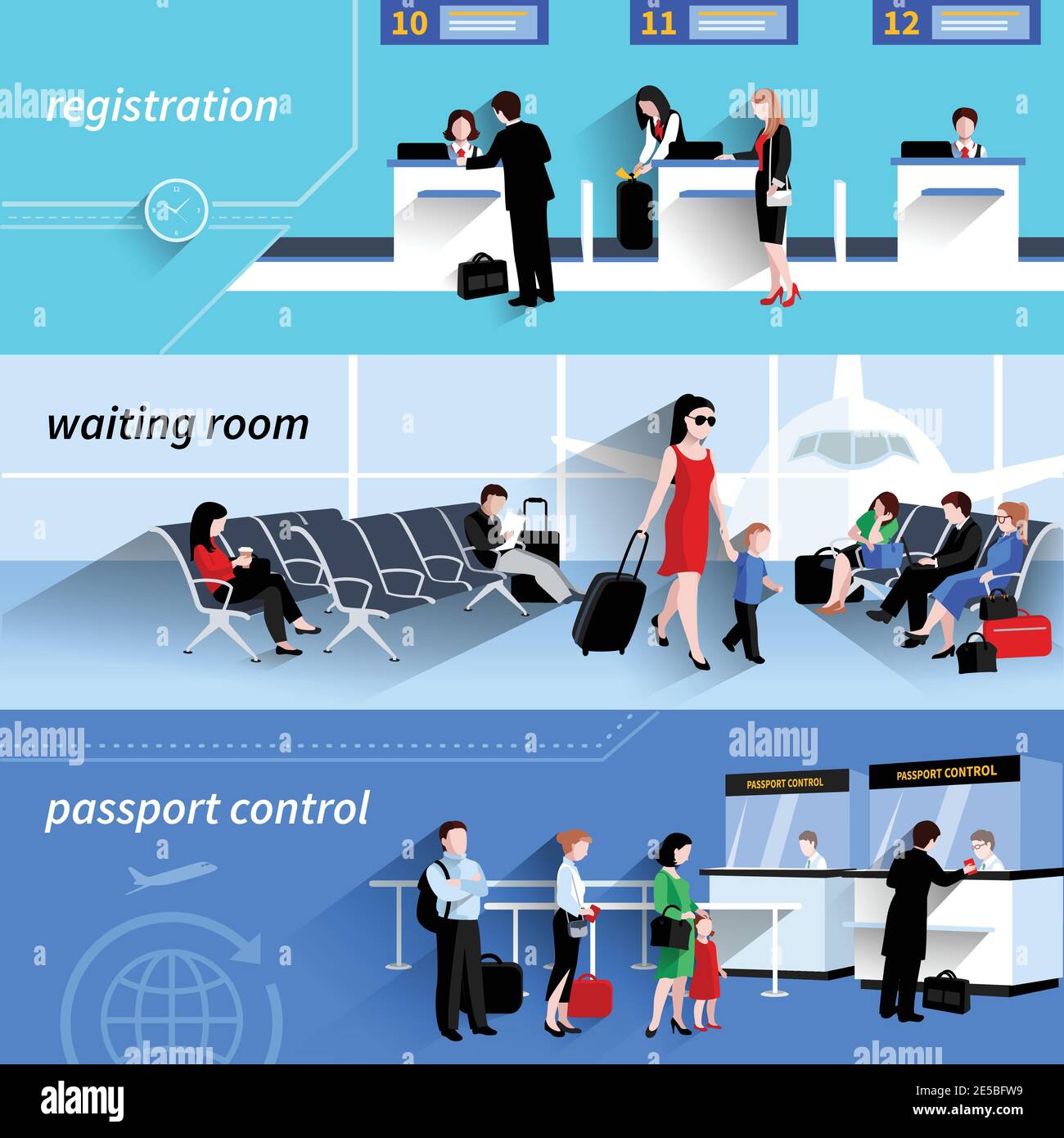 People in airport horizontal banners set with waiting room elements ...