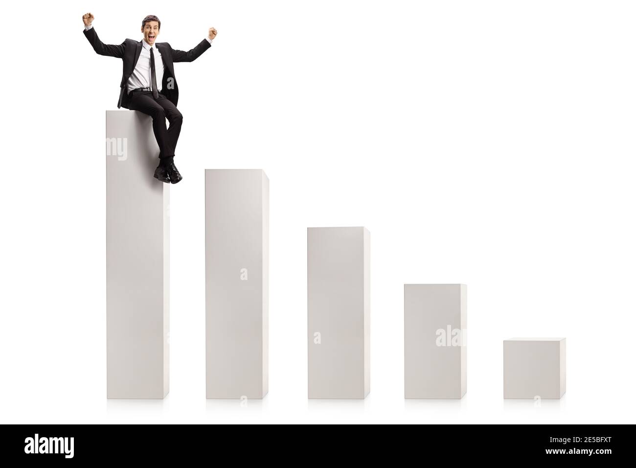 Businessman gesturing win and sitting on the highest column in a chart ...