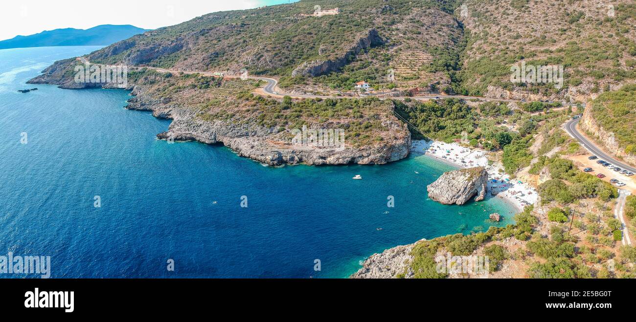Aerial view of the famous rocky beach Foneas near Kardamyli village in ...