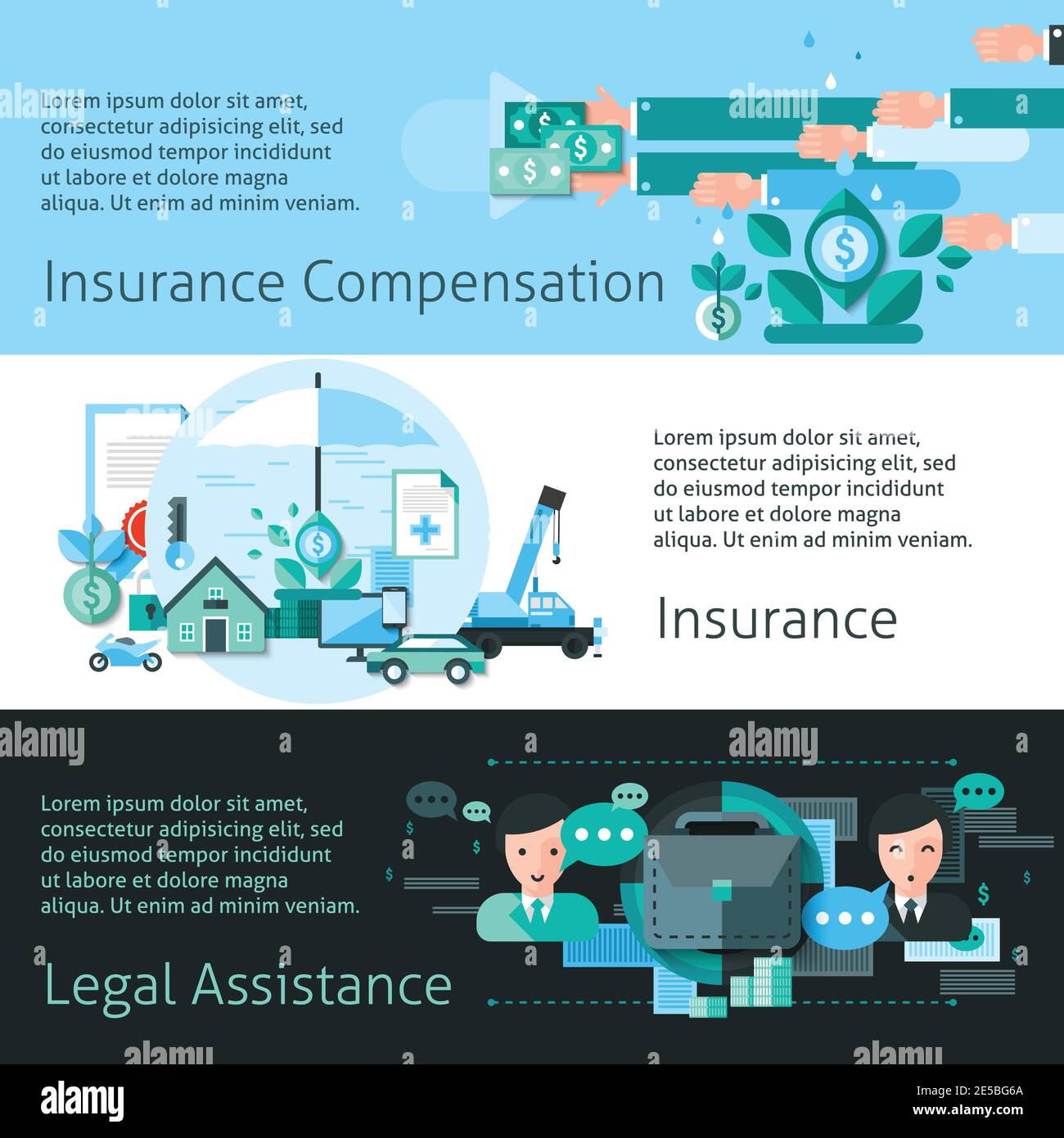 Insurance and risk horizontal banners set with compensation symbols ...