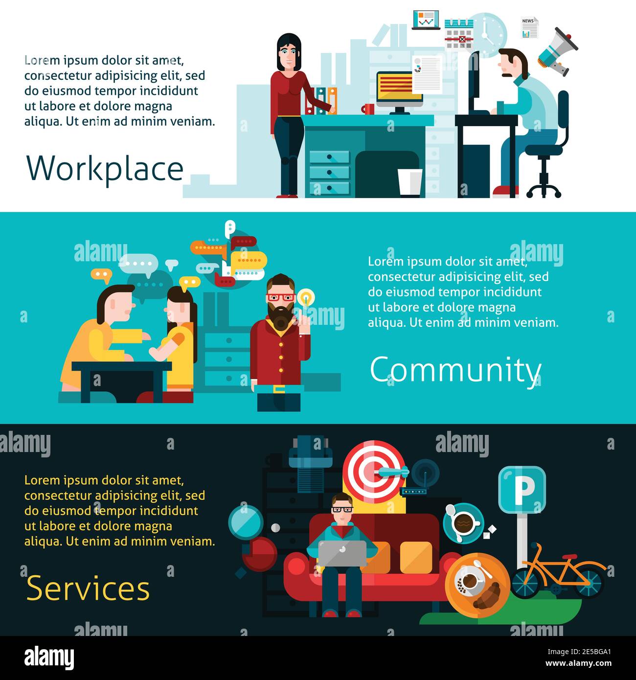 Coworking horizontal banners set with community and services symbols ...