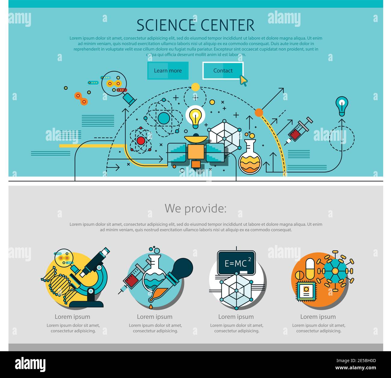 Science center line page with chemistry and physics symbols flat ...