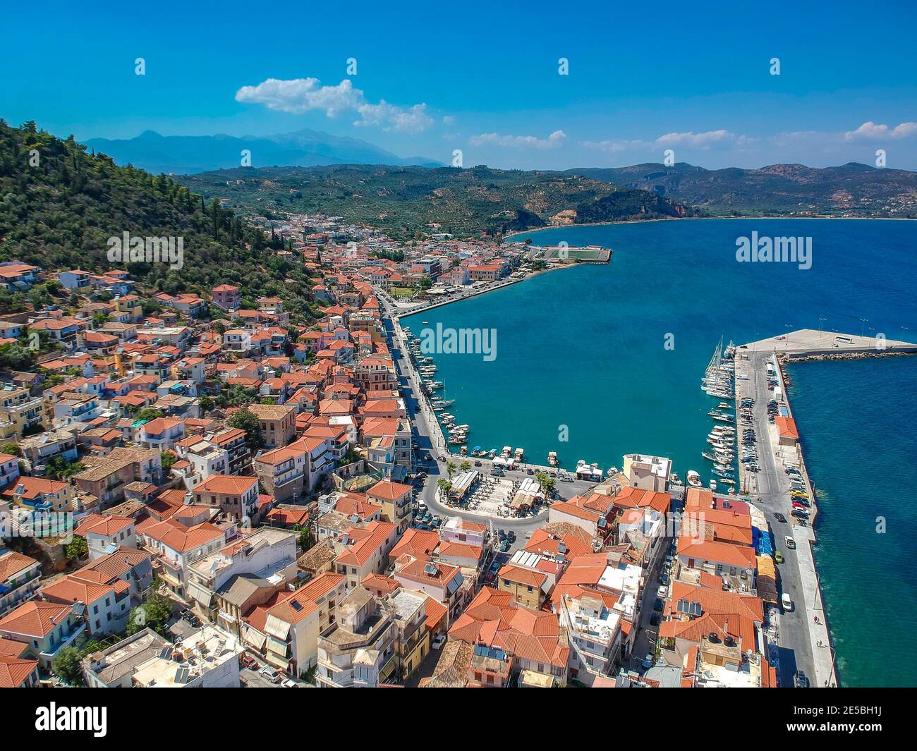 Aerial view over picturesque seaside town of Gytheio, Lakonia ...
