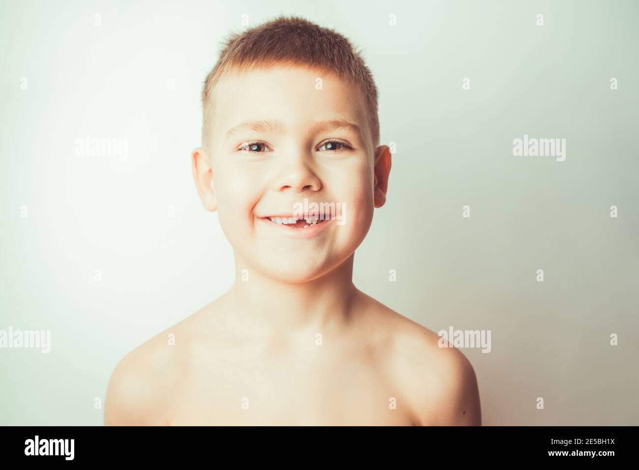 Pediatric dentistry concept. Cute emotional boy without a tooth Stock ...