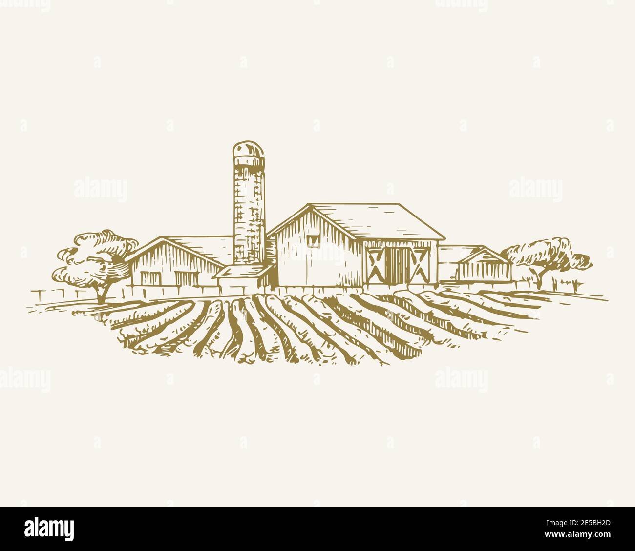 Hand Drawn Rural Buildings Landscape Vector Illustration. Farm with ...