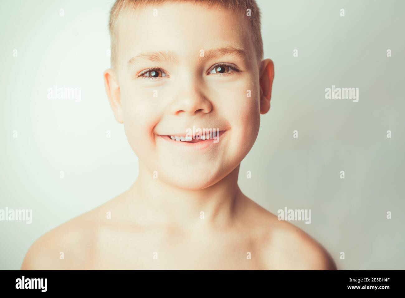 Pediatric dentistry concept. Cute emotional boy without a tooth Stock ...