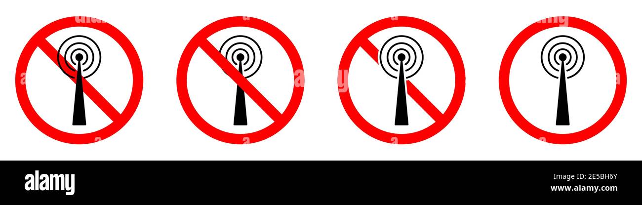 No signal. Antenna ban icons set. WIFI signal is prohibited. Stop or ...