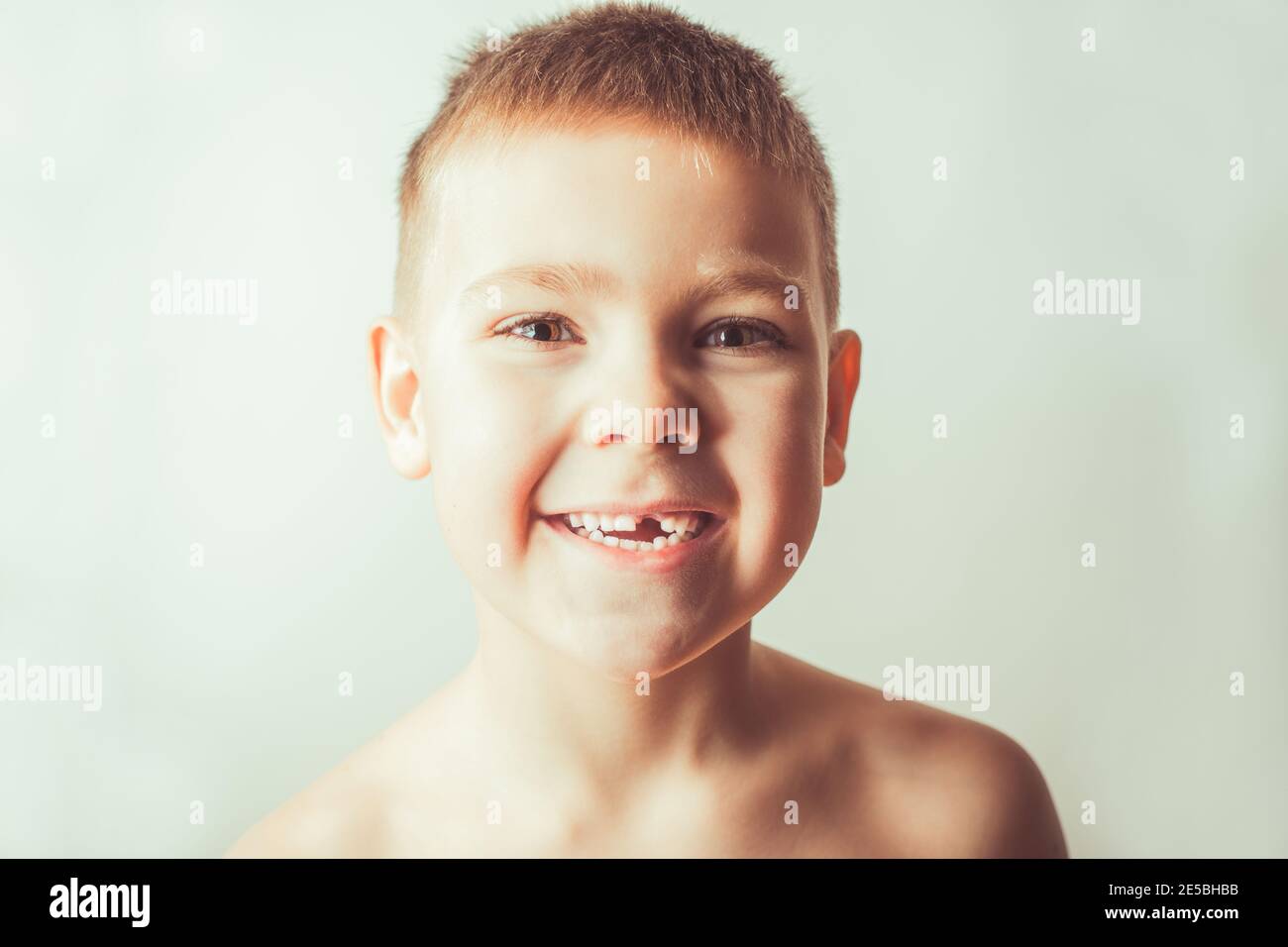 Pediatric dentistry concept. Cute emotional boy without a tooth Stock ...