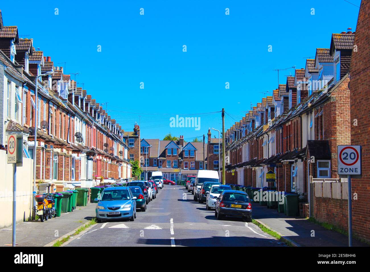 View of traditional terraced houses at a street of Folkestone town,Kent ...