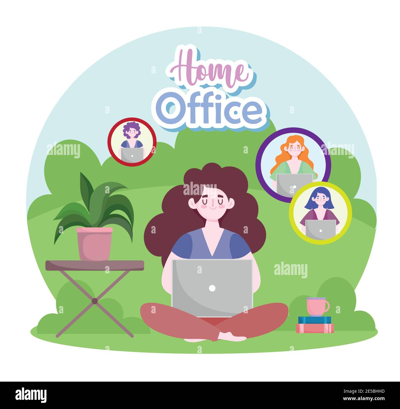 woman with laptop working talking with colleagues, home office vector ...