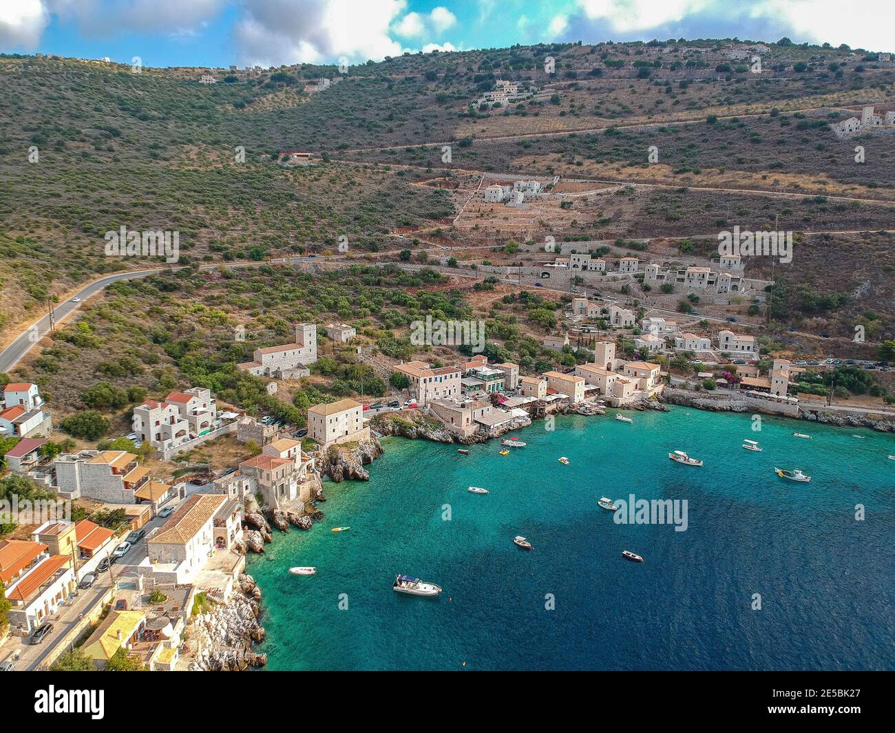 Iconic aerial view over the picturesque famous Limeni village in Mani ...