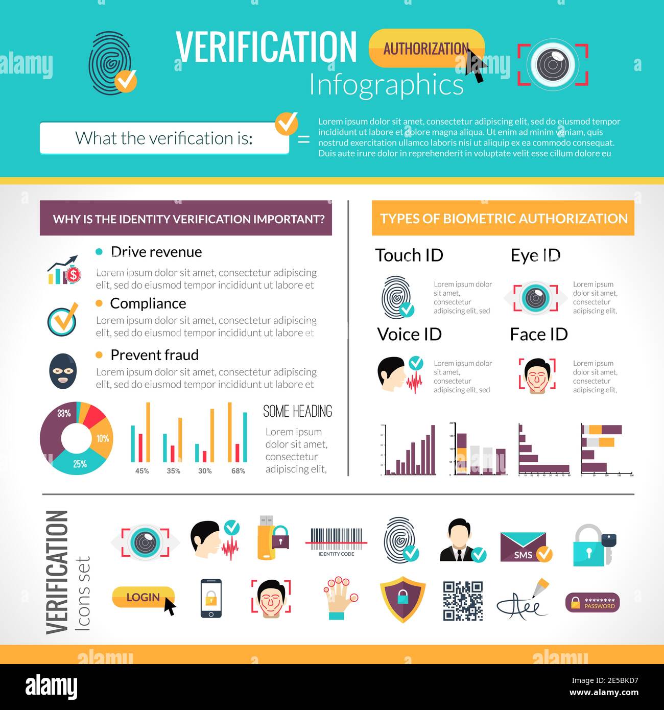 Verification infographics set with identity protection symbols and ...