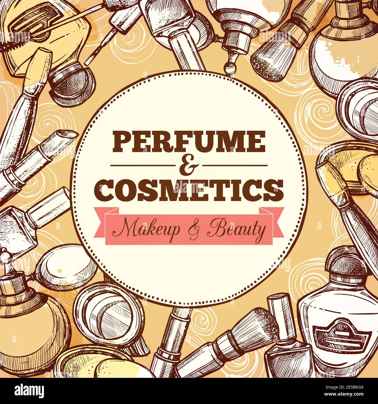 Vintage frame with hand drawn perfume and cosmetics elements background ...