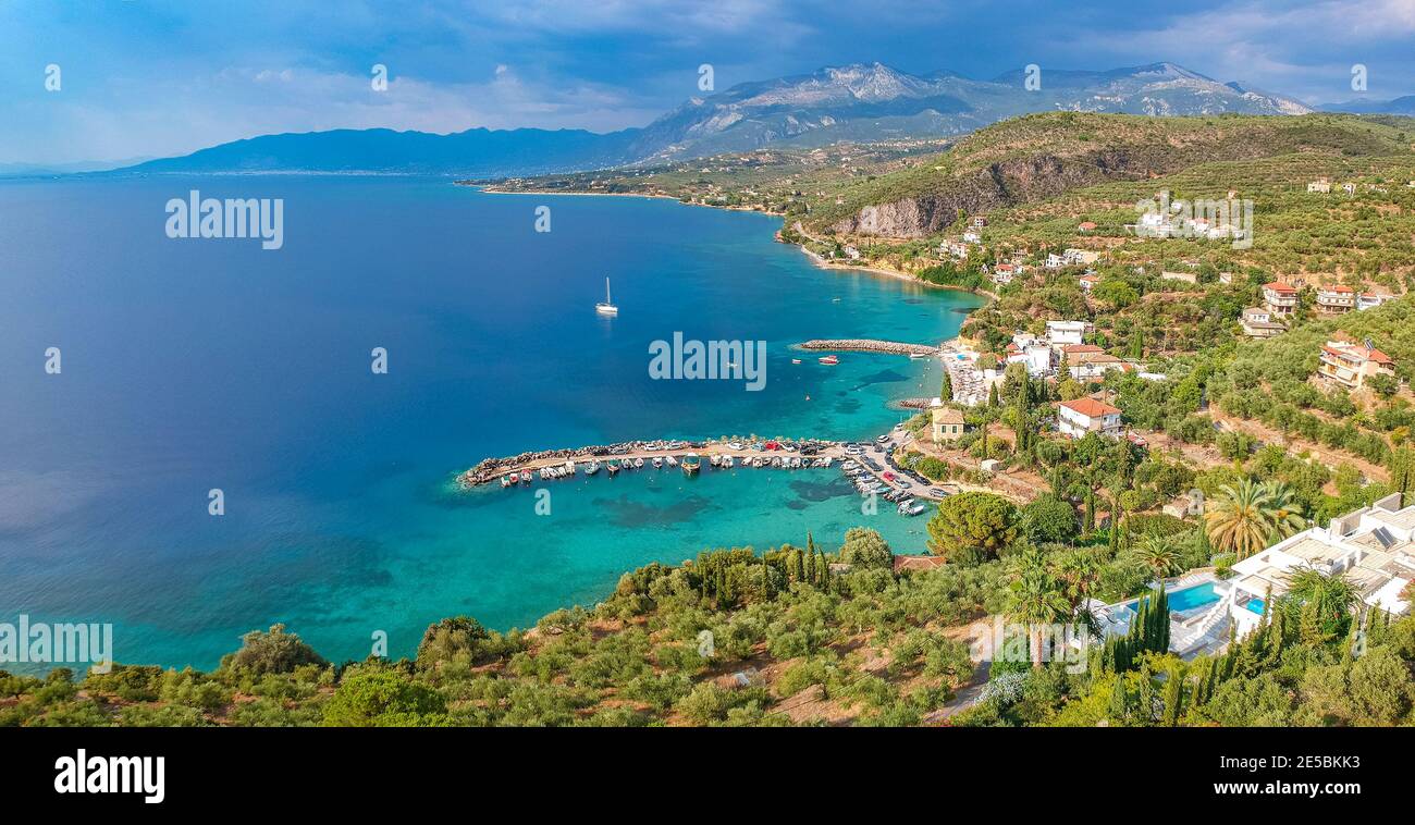 Aerial panoramic view of the beautiful coastal village Kitries, located ...