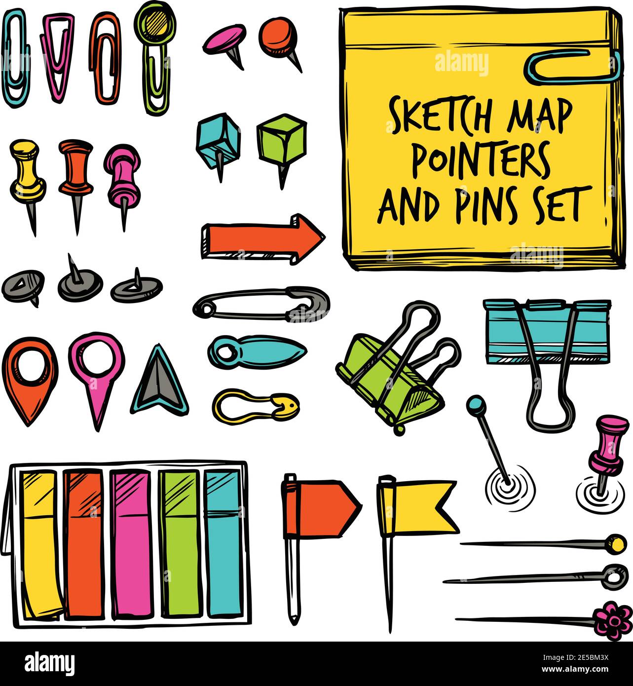 Colorful set drawn in sketch style of stationery map pointers and pins ...