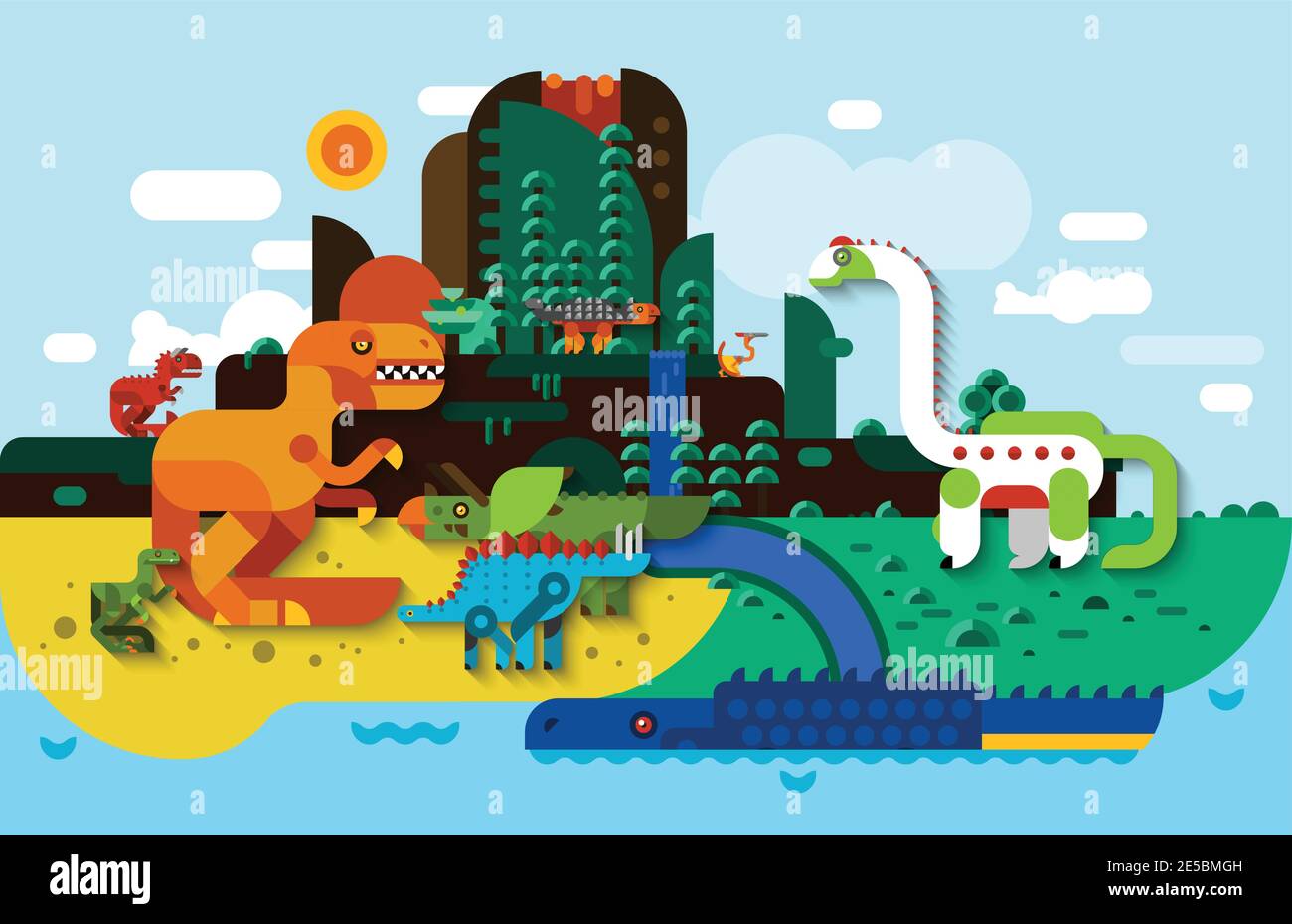 Dinosaur flat background with predators in prehistoric landscape vector ...